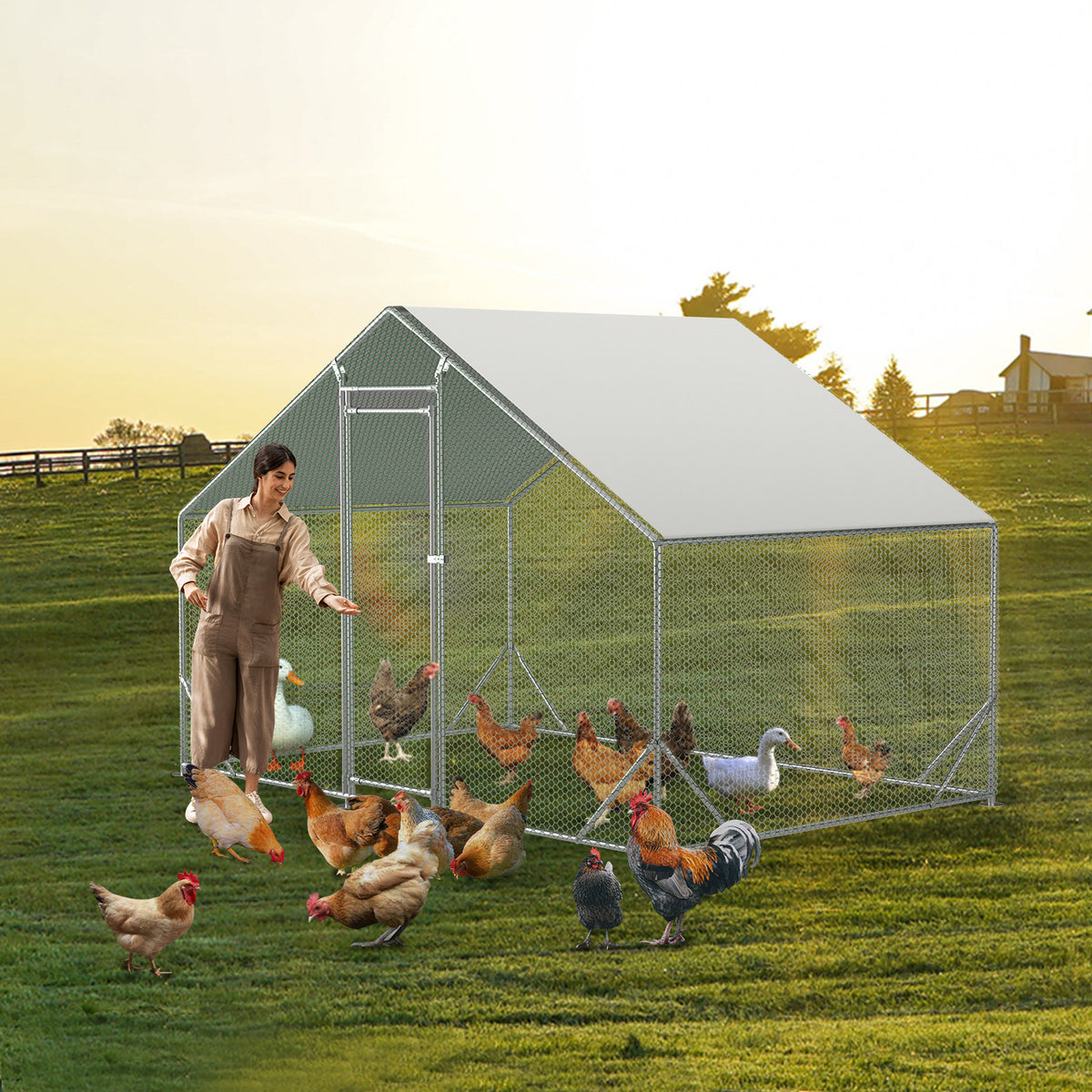 Thanaddo Walk-in Chicken Coop & Run Apex Roof with UV Waterproof Cover